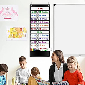 VNOM Daily Schedule Pocket Chart, Class Schedule with 13+1 Pockets 18 Dry Eraser Cards 2 Easy Over Door Mountings for Classroom, School, Office or Home (13” x 35.5”) (BLACK)