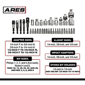 ARES 70751-34-Piece Socket Accessory Set - Includes Adapters, Universal Joints, Bit Holders, and Bits - Magnetic Organizer for Ideal Accessory Storage