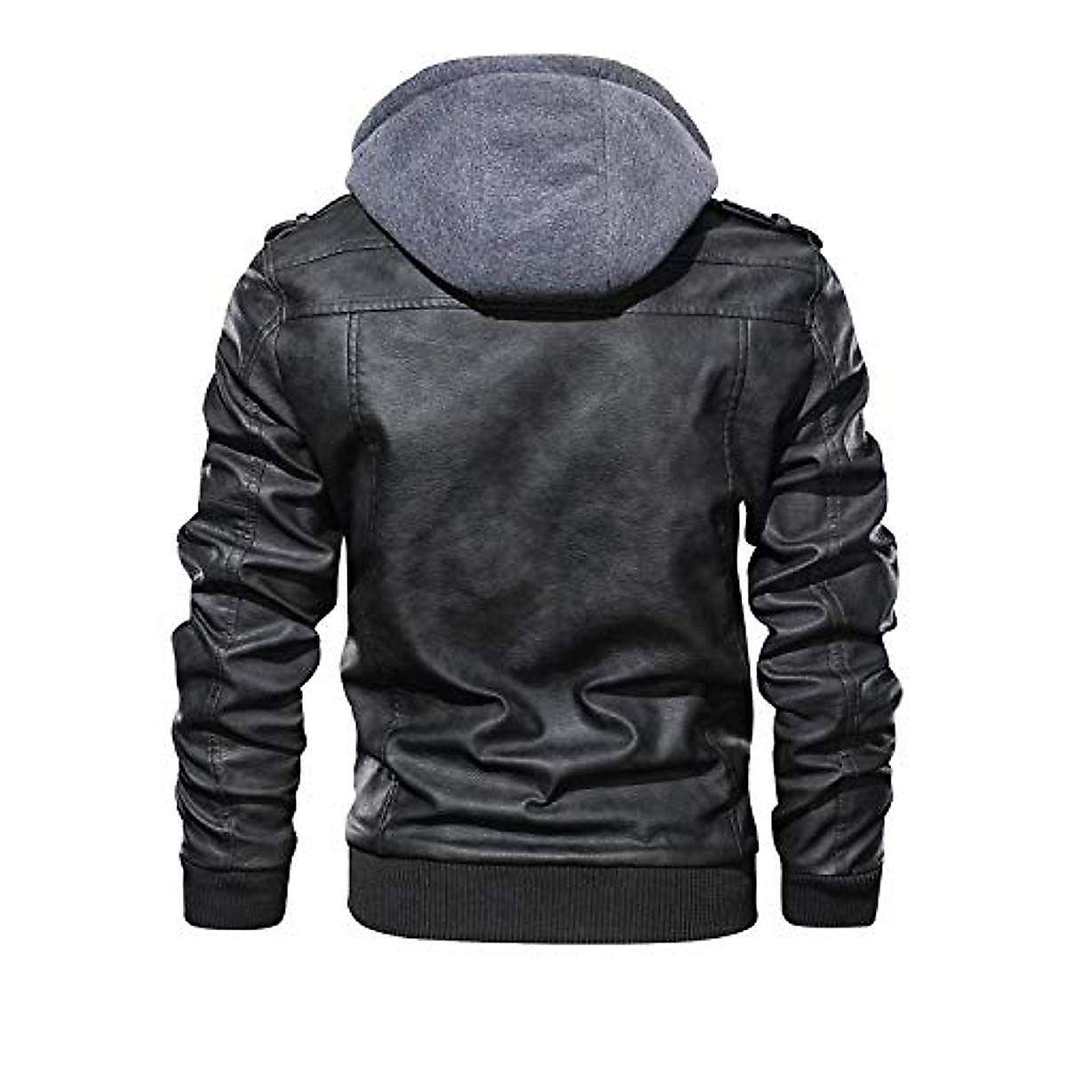 HOOD CREW Men’s Casual Stand Collar PU Faux Leather Zip-Up Motorcycle Bomber Jacket With a Removable Hood