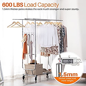HOKEEPER 600 lbs Commercial Clothing Garment Rack with Shelves Clothing Racks on Wheels Rolling Closet Clothes Rack Heavy Duty Portable Collapsible Adjustable, Chrome Finish
