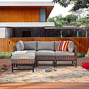 LOKATSE HOME Patio Ottoman Outdoor Wicker Foot Rest Seat with Cushion Rattan Furniture for Garden Backyard Lawn Deck, Grey