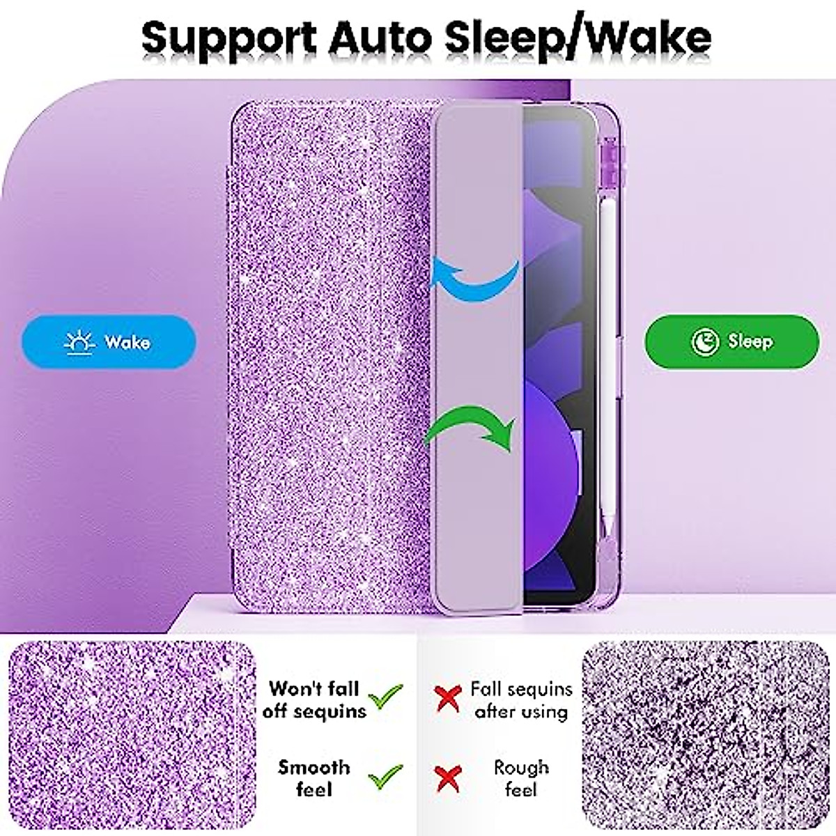 INFILAND Compatible with iPad Air 5th Generation Case 2022, iPad Air 4th Generation Case 2020 10.9 inch, Glitter Leather Cover with Sparkly Crystal Clear Back, Pencil Holder, Anti-Yellowing, Purple