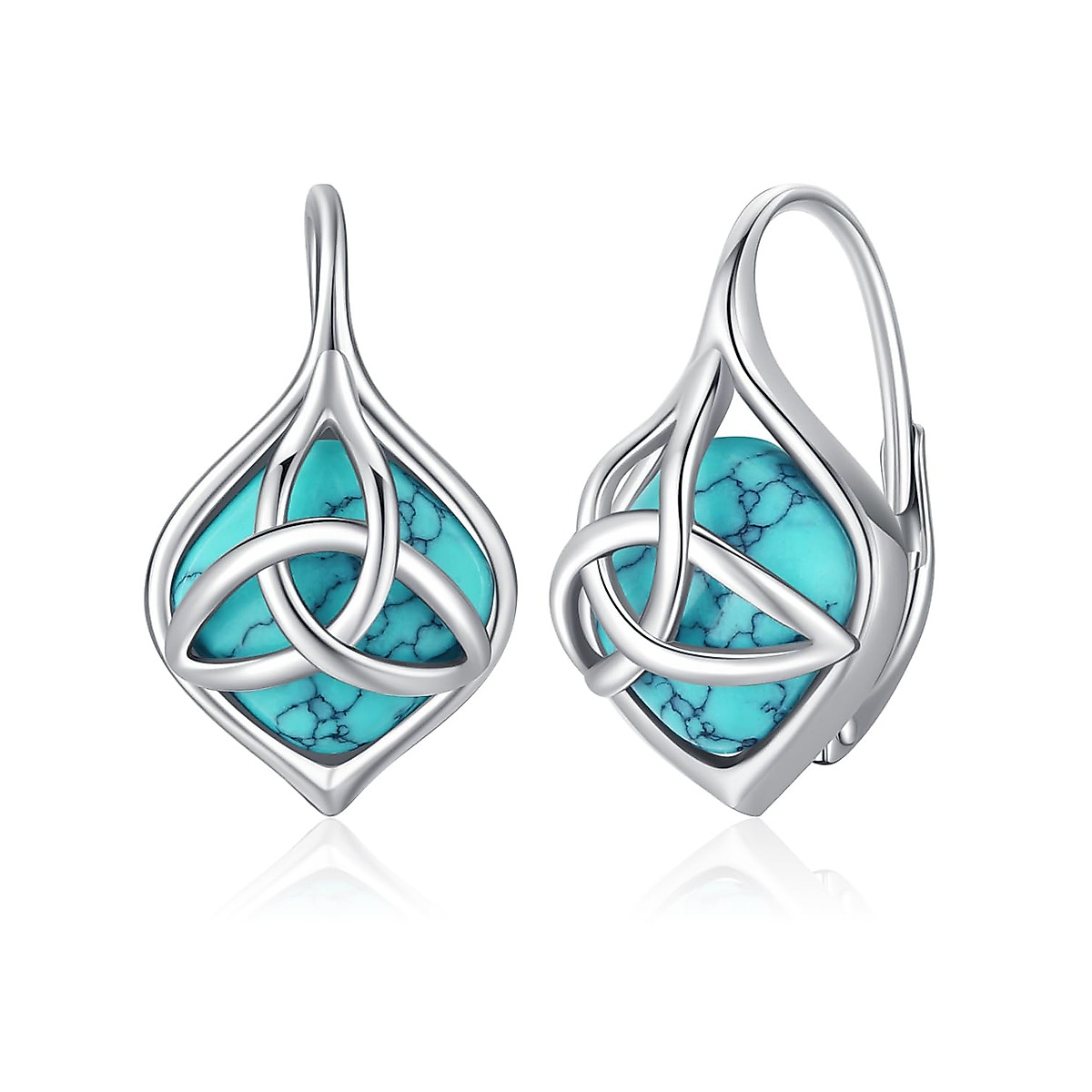 BDL Celtic Knot Genuine Turquoise Leverback Earrings Sterling Silver Dangle Drop Jewelry for Women