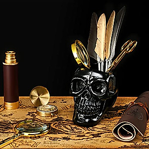 Tofun Black Skull Face Pen Holder Pencil Holder,Makeup Brush Storage Holder,Resin Pencil Cup Stationery Storage for Desktop,Resin Plant Pot,Decorative Skeleton Head Halloween Decor