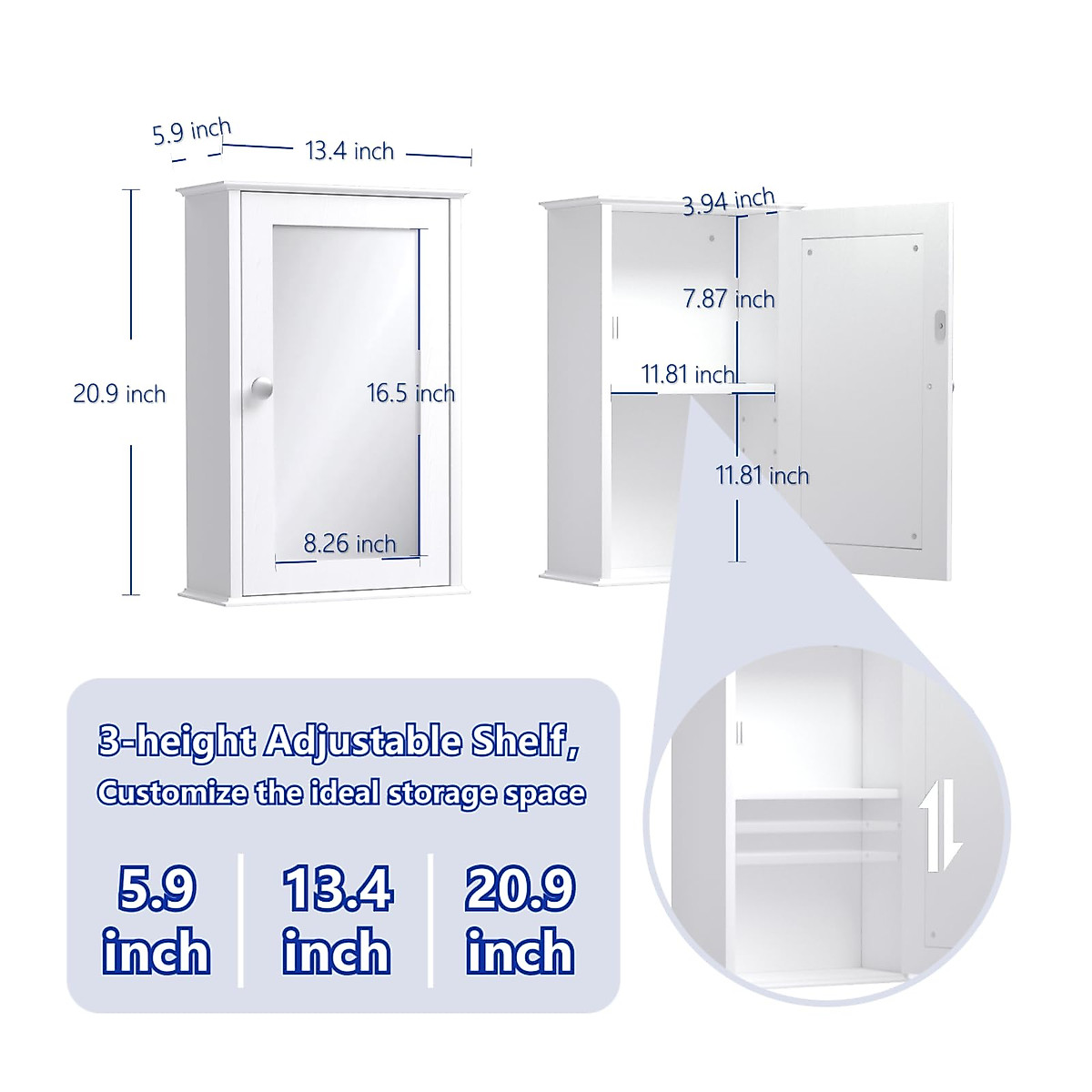 R RUISHENG Bathroom Medicine Cabinet with Mirror Wall Mounted Bathroom Cabinet with Adjustable Shelf Wooden Storage Cabinet for Bathroom Toilet Home Laundry Room Kitchen White