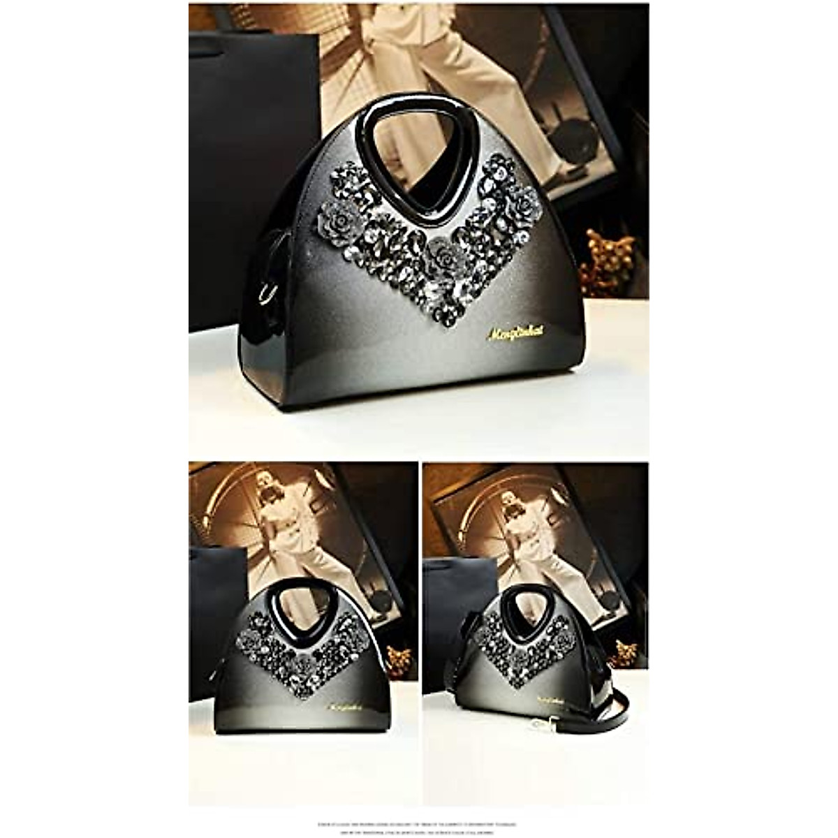 Shirt Luv Fashion Crystal Women Top Handle Satchel Handbags Leather Evening Bag Party Diamonds Shoulder Messenger Bags (Silver)