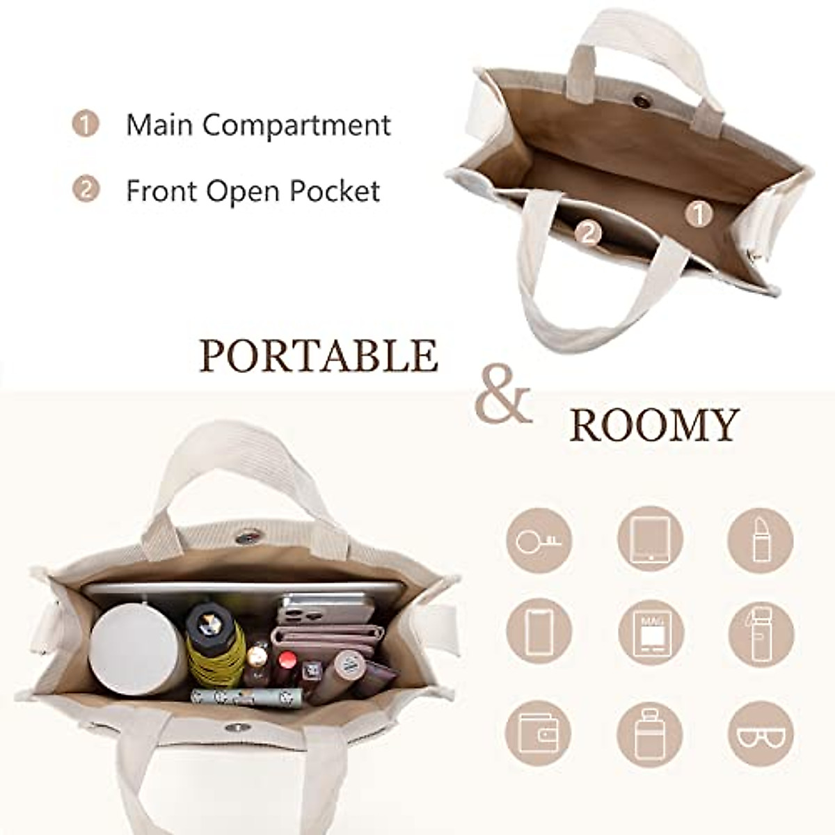 PINCNEL Corduroy Tote Bag for Women, Small Trendy Travel Satchel Handbag with Crossbody Shoulder Strap, Carry Handles, Pockets (Beige)