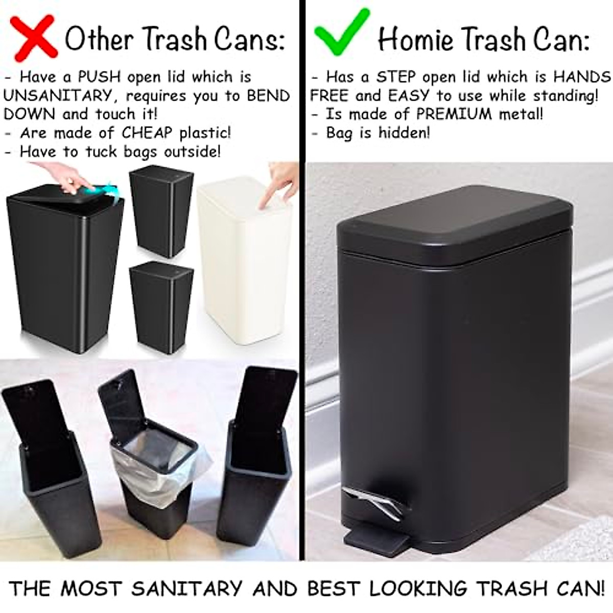 Homie Soft Close, Slim Trash Can 3.2 Gallon with Anti - Bag Slip Liner and Lid, Use as Mini Garbage Basket, Slim Dust Bin, or Decor in Bathroom, Restroom, Kitchen, or Bedroom (Matte Black)