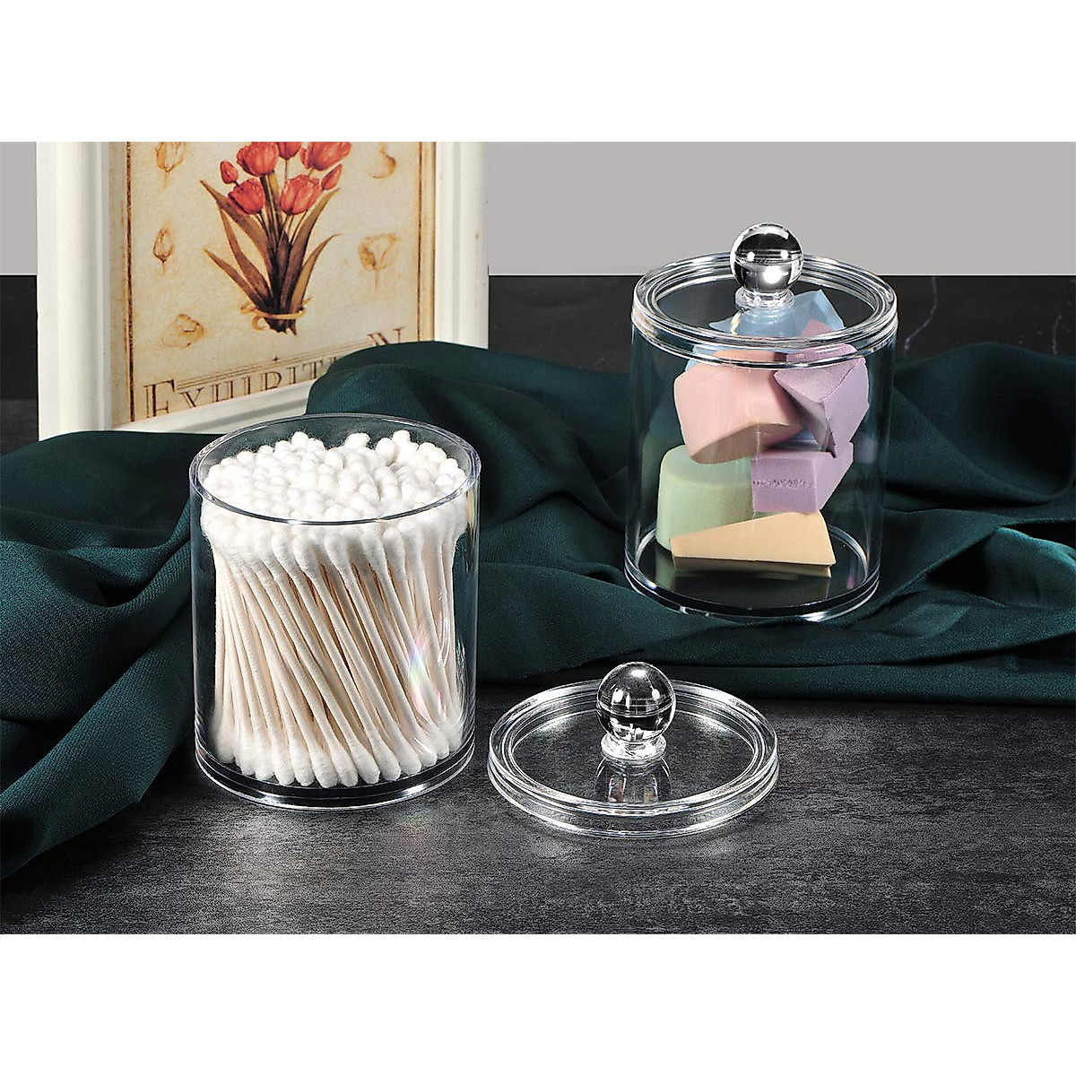 2 Pack of 15 Oz. Qtip Dispenser Apothecary Jars Bathroom with Labels - Qtip Holder Storage Canister Clear Plastic Acrylic Jar for Cotton Ball,Cotton Swab,Q-tips,Cotton Rounds (2 Pack of 15 Oz.，Small )