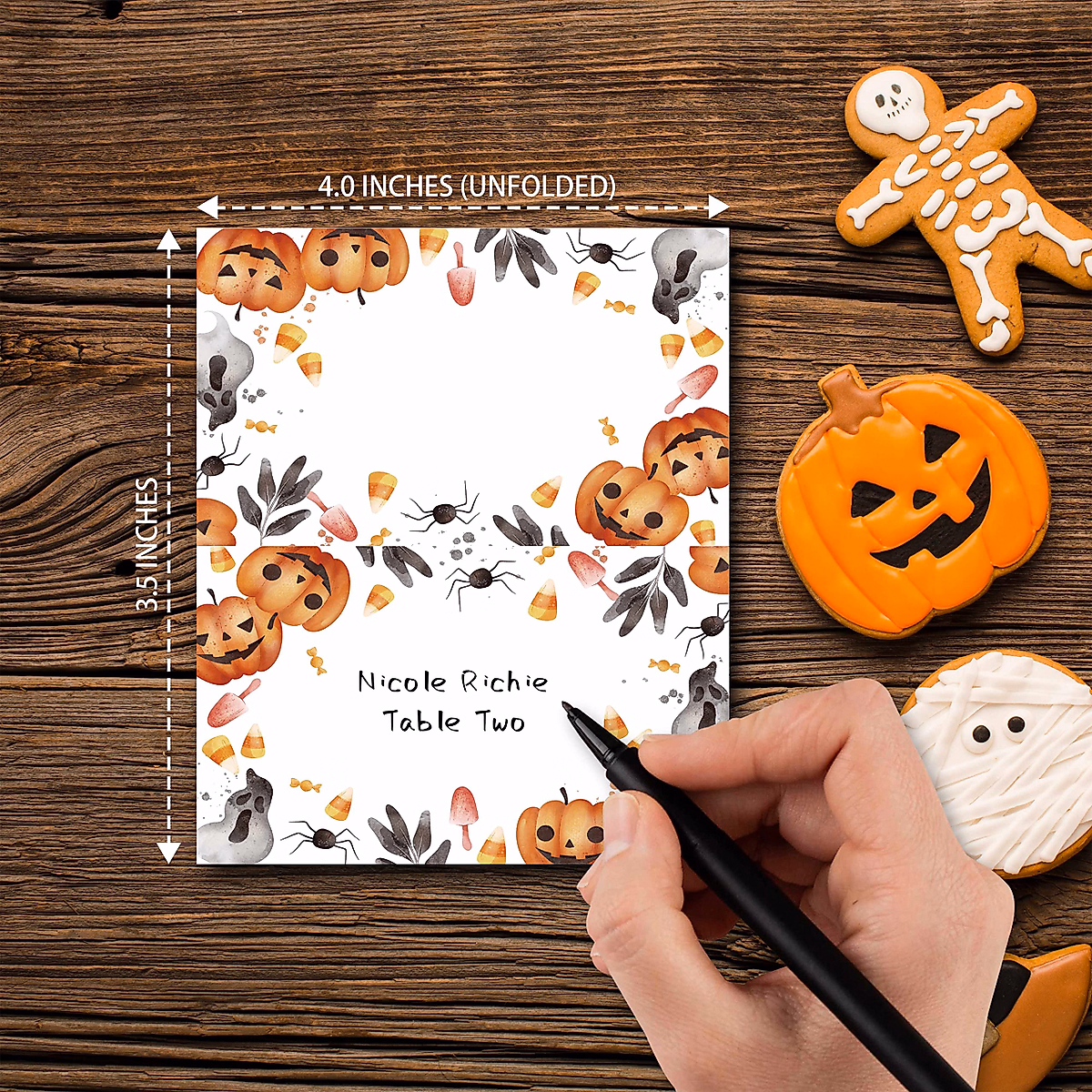 Halloween Table Place Cards, Blank Seating Place Card for Table, 25 Pack Buffet Food Tent Labels, Double Design Name Cards, Scored for Easy Folding, Halloween/Thanksgiving Party Decorations(04)