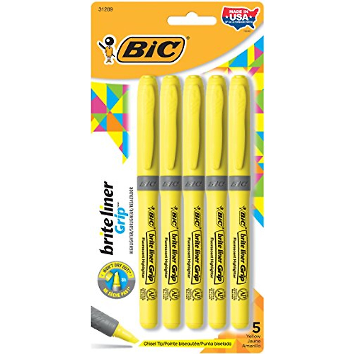 BIC Brite Liner Grip Highlighter, Chisel Tip (1.6 mm), Yellow, For Broad Highlighting & Fine Underlining, 5-Count