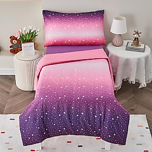 Cloele 4 Piece Toddler Bedding Set for Girls - Star Glitter Toddler Comforter Set Includes Comforter Fitted Sheet Flat Sheet Reversible Pillowcase - Pink Purple Toddler Sheet Set for Girls