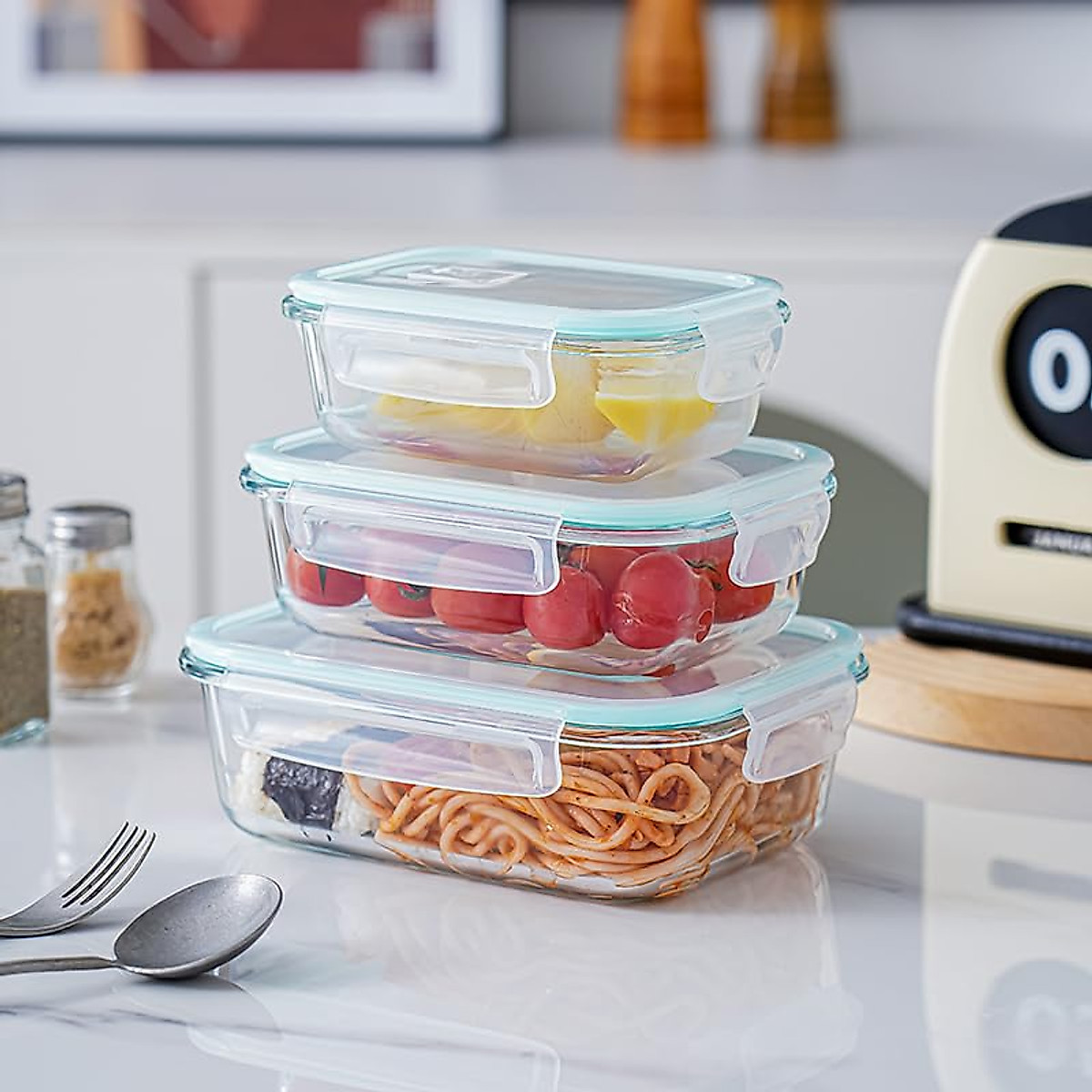 Pmssypl 3 Piece Glass Food Storage Container Set Sealed Reusable Pantry Kitchen Storage Container Glass Lunch Prep Container Lunch Box, Microwave, Refrigerator and Dishwasher.