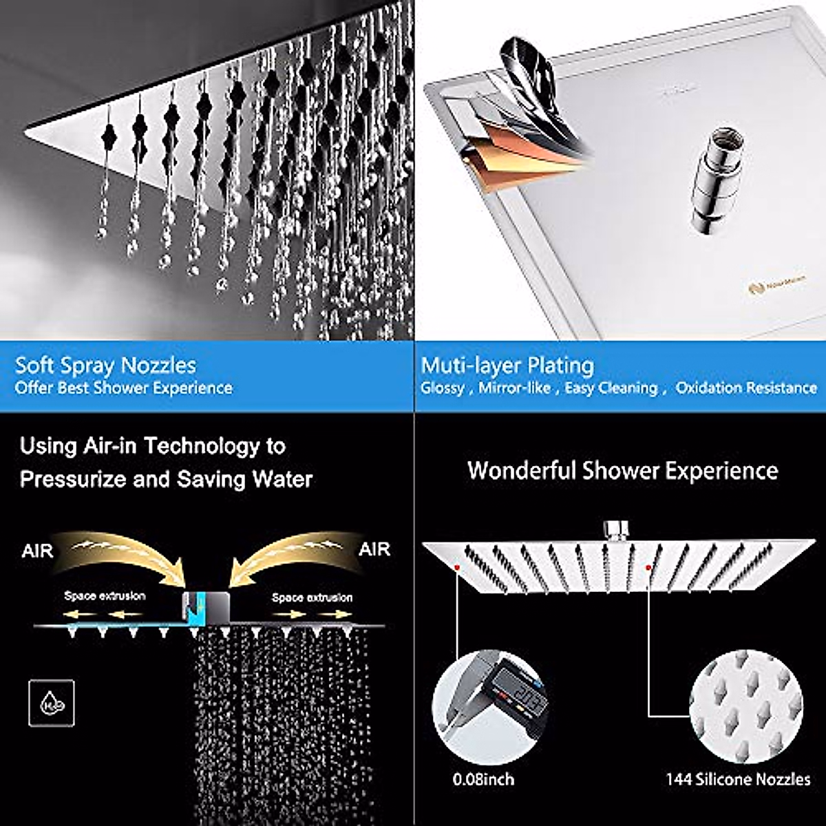 Rain Shower Head With Extension Arm, NearMoon Square Shower Heads, Large Stainless Steel Rainfall Showerhead-Waterfall Full Body Coverage (12 Inch Shower Head With 15 Inch Shower Arm, Chrome)