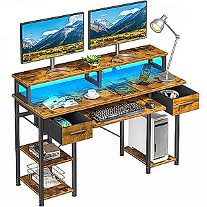 Uliyati 47 Inch Computer Desk with LED Lights & Power Outlets, Home Office Desks with Keyboard Tray & Drawers, PC Gaming Desk with Monitor Shelf & Storage Shelves, for Home Office Studio -Rustic Brown