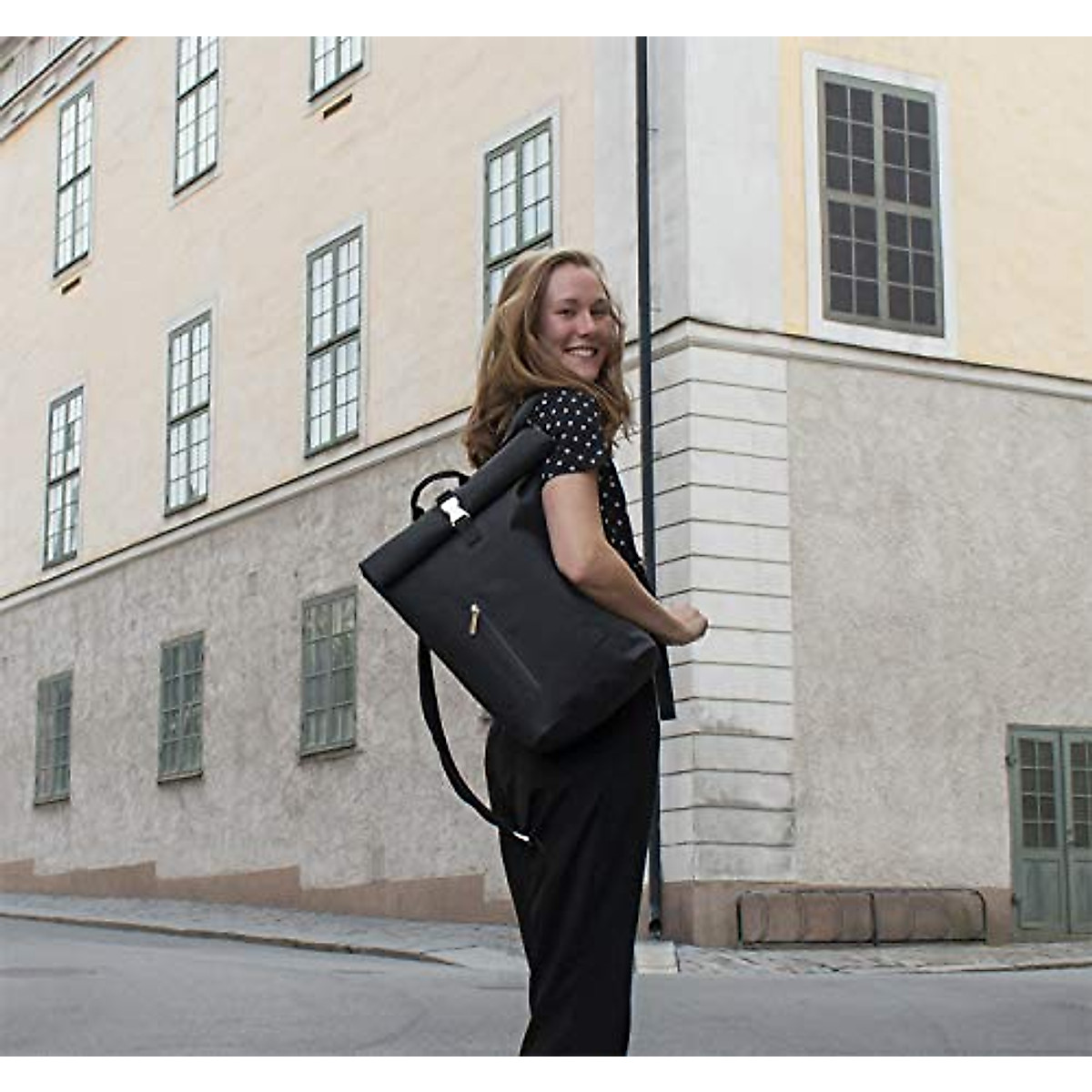The Friendly Swede Slim Roll Top Laptop Backpack, Fits 13" Laptop, Travel Backpack for Women, Backpack for Men, Backpacks, School Backpack, Back Pack, Womens Backpack, Bookbag - Waterproof TPU - Black