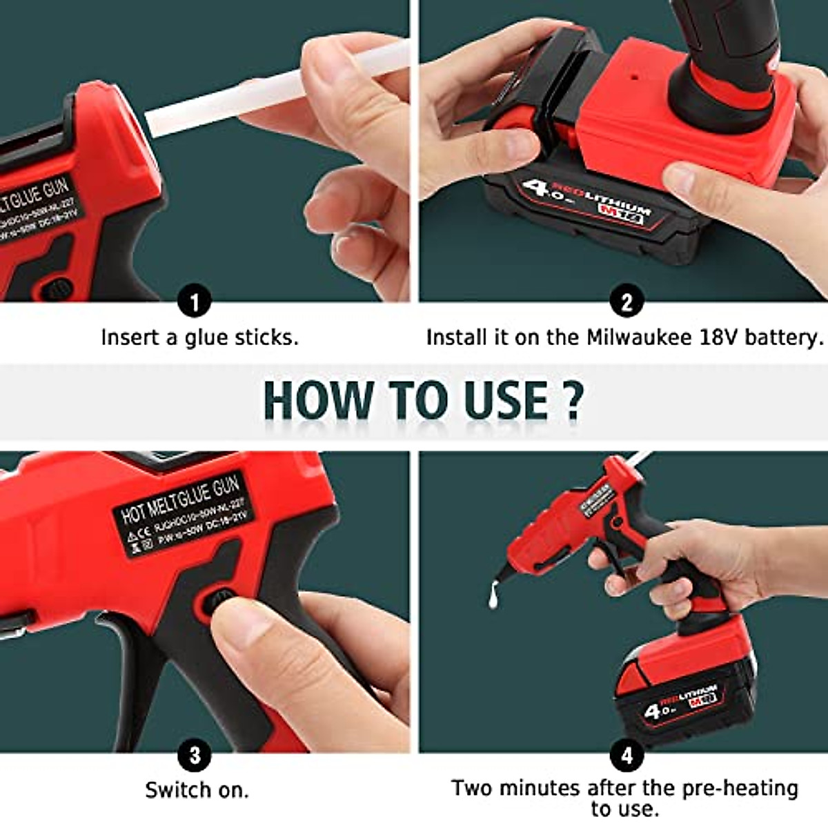Mtiolhig Cordless Hot Glue Gun for Milwaukee m18 Battery, Handheld Electric Power Battery Operated WirelessHot Glue Gun Cordless Kit with 30pcs 0.27'' Mini Glue Sticks for Crafts (Battery NOT Include)