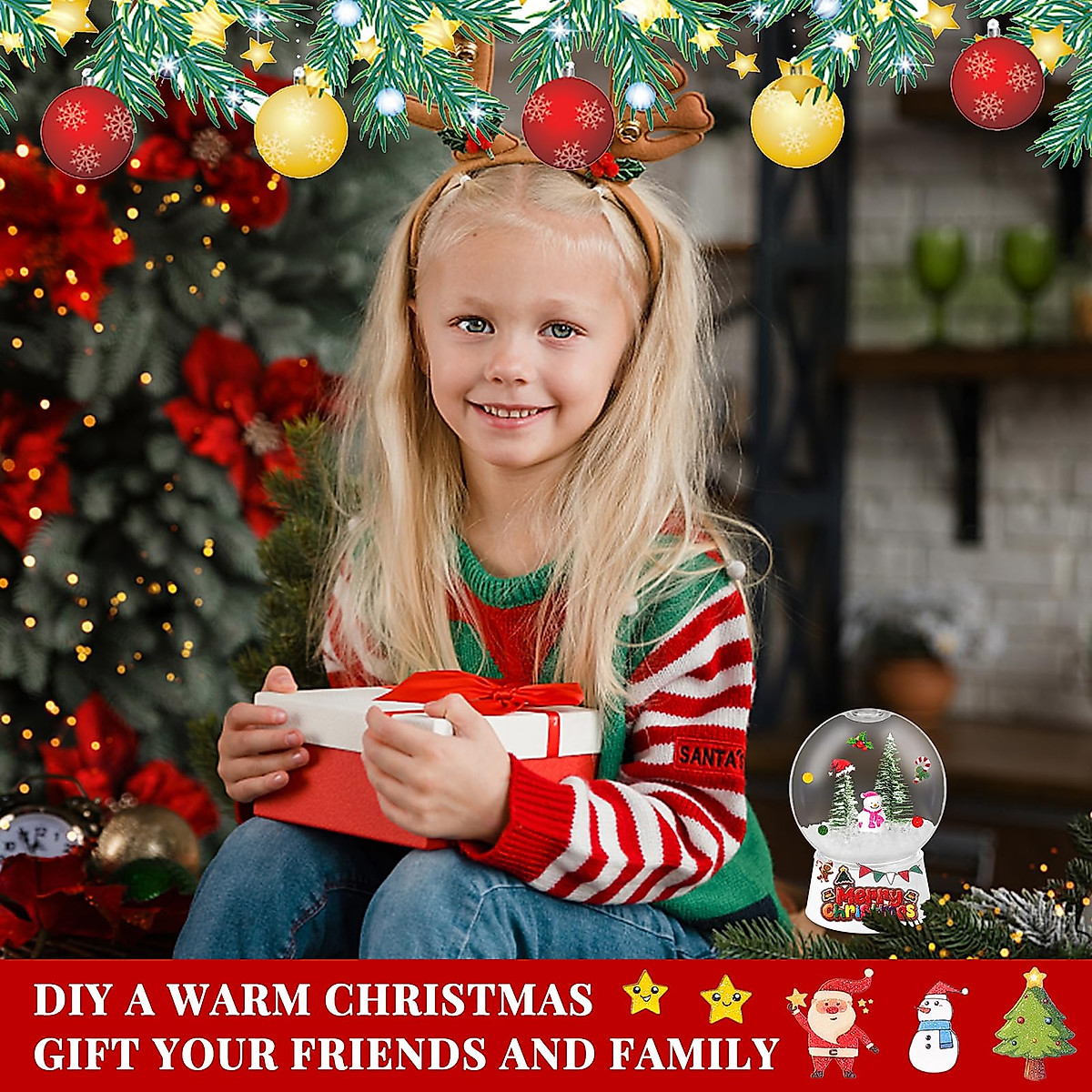 6 Pieces 4 Inch Plastic Snow Globes Clear Water Globes with Screw Off Cap DIY Snow Globes Water Globe Jar with Christmas and Diamond Sticker for DIY Crafts Home Decoration