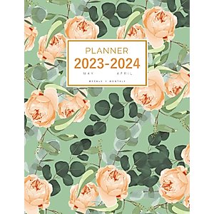 Planner 2023-2024: 8.5 x 11 Weekly and Monthly Organizer from May 2023 to April 2024 | Eucalyptus Branch Rose Flower Design Green