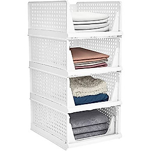 C&AHOME 4-Pack Stackable Wardrobe Storage Box, Plastic Drawer Organizer, Foldable Clothes Shelf Baskets, Folding Cube Bins, Perfect for Kitchen, Bedroom, 13.4" L x 17.7" W x 7.1" H White USWSB04W