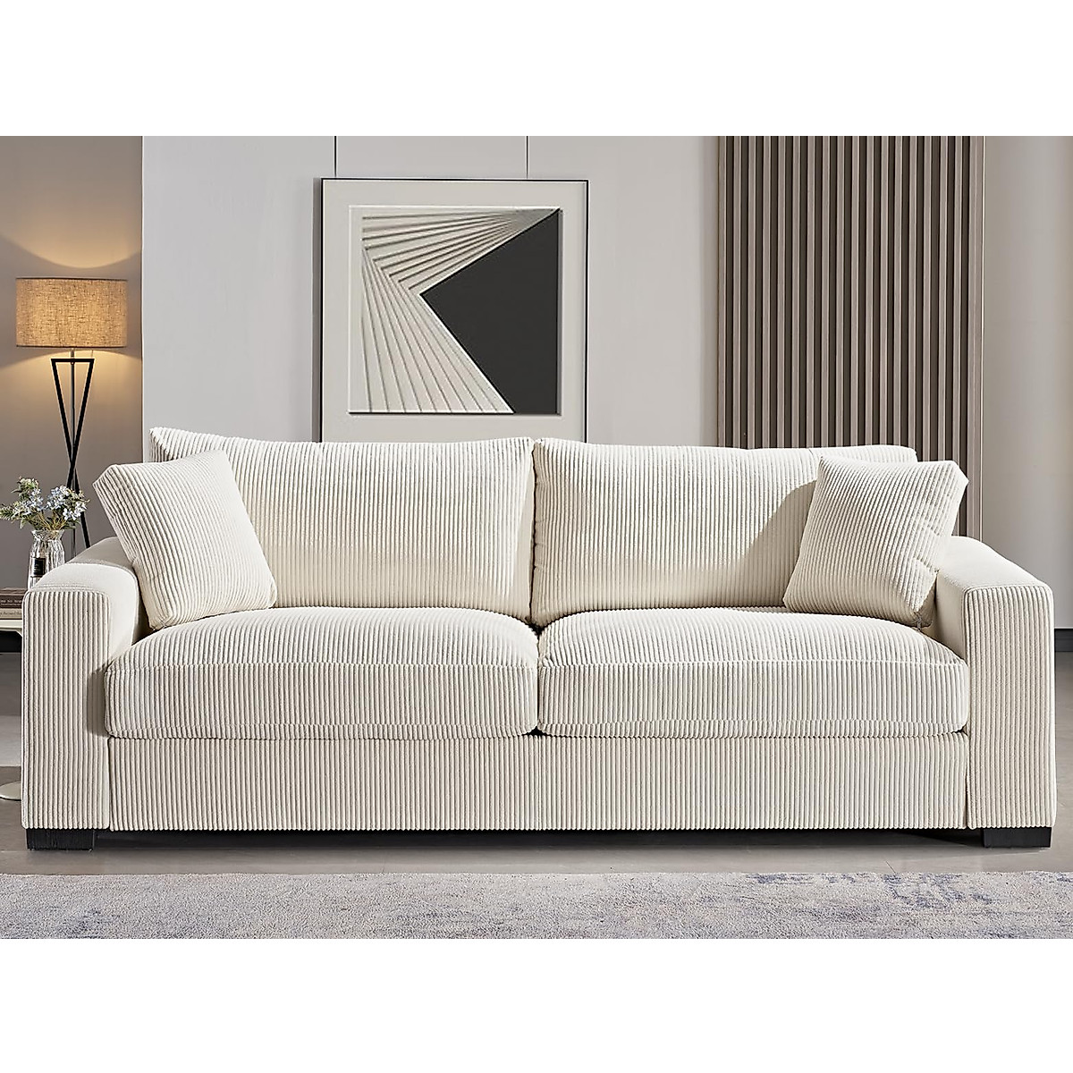 Container Furniture Direct Luxe Corduroy Sofa with 2 Toss Pillows, Spacious and Comfortable 3 Seater Couch for Modern Living Room, Ideal for Entertainment and Cozy Moments, 89" Wide, Beige
