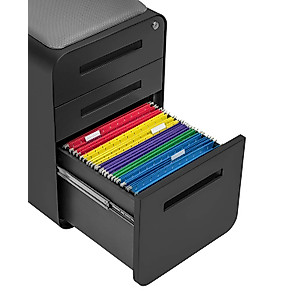 Laura Davidson Furniture STOCKPILE Curve Seated 3-Drawer Mobile File Cabinet with Removable Magnetic Cushion Seat - Metal Filing Cabinet, Pre-Assembled, White with Light Grey Cushion