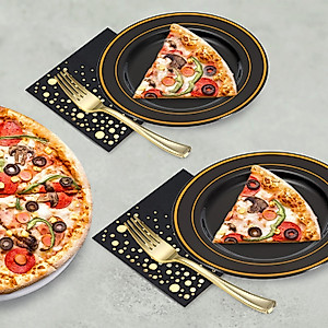 Stylish 7.5 Inch Gold and Black Cake Plates with Disposable Forks and Cocktail Napkins (100 Set of Each) - Small Appetizer Plates, Disposable Cake Plates or Salad Plate - Black Plastic Dessert Plates
