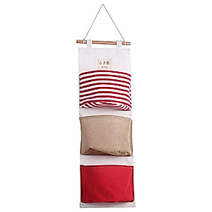 Hztyyier 3 Pockets Linen Storage Bag Hanging Door Closet Organizer Decoration for Room(Red)