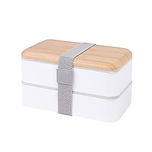Lunch Box Bento Box for Adult, Bento Box with 2 Dividers and a Spoon and Knife and Fork, Leakproof Lunch Container, Upgraded Plastic Bamboo Pattern Cover and Cloudy White Appearance