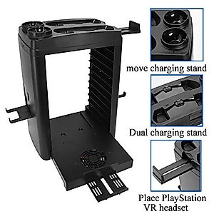Skywin- Charging Station Compatible with PS4 VR Headset, PSVR Charging Station Stand with Game Disc Rack, Headset and Console Stand, Cooling Fan, Controller Charger and USB Hub - Multipurpose VR Stand