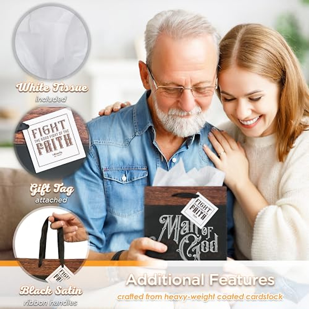 Christian Art Gifts Medium Portrait Scripture Gift Bag, Tag & Wrapping Tissue Paper Set for Men: Man of God, Matted, Satin Handles, Black/Brown/Silver