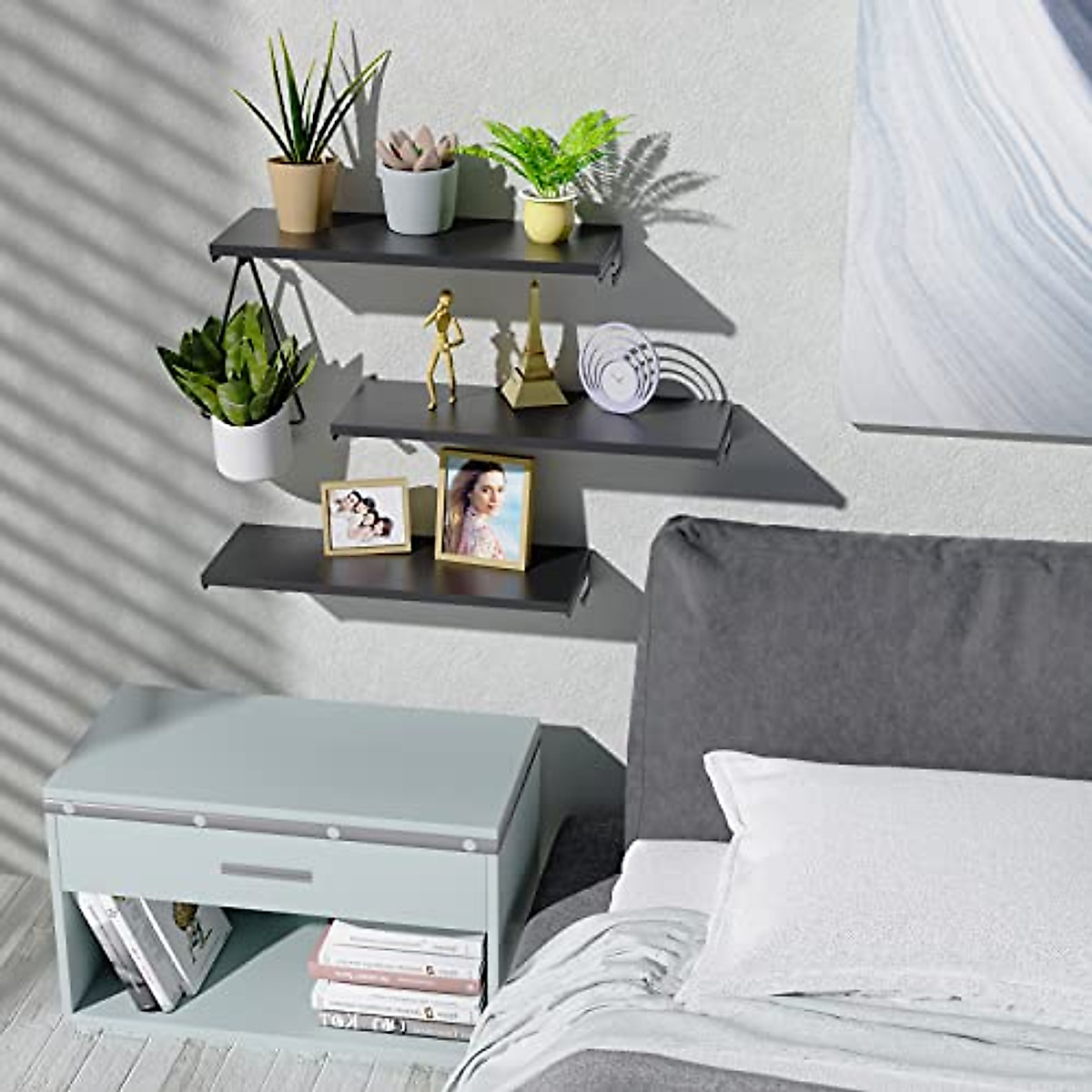 NiHome Black Floating Shelves for Wall Decor Industrial Wall Shelves for Storage Bedroom Hanging Bathroom Shelf Floating Bookshelf Set of 3