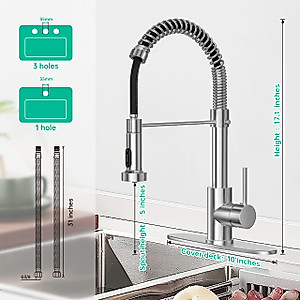 BASDEHEN Kitchen Faucets with Pull Down Sprayer, Brushed Nickel Spring Commercial Kitchen Sink Faucet Solid Brass with 10 Inch Mounting Table 1 Hole Or 3 Hole Compatible…