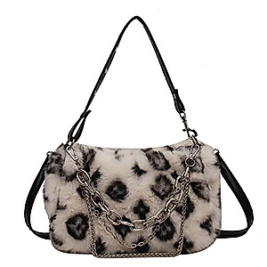 2022 New Leopard Print Plush Shoulder Cross-body Bag Fashion Chain One-shoulder Armpit Tote Y2K Purse Hobo Bag (Beige)