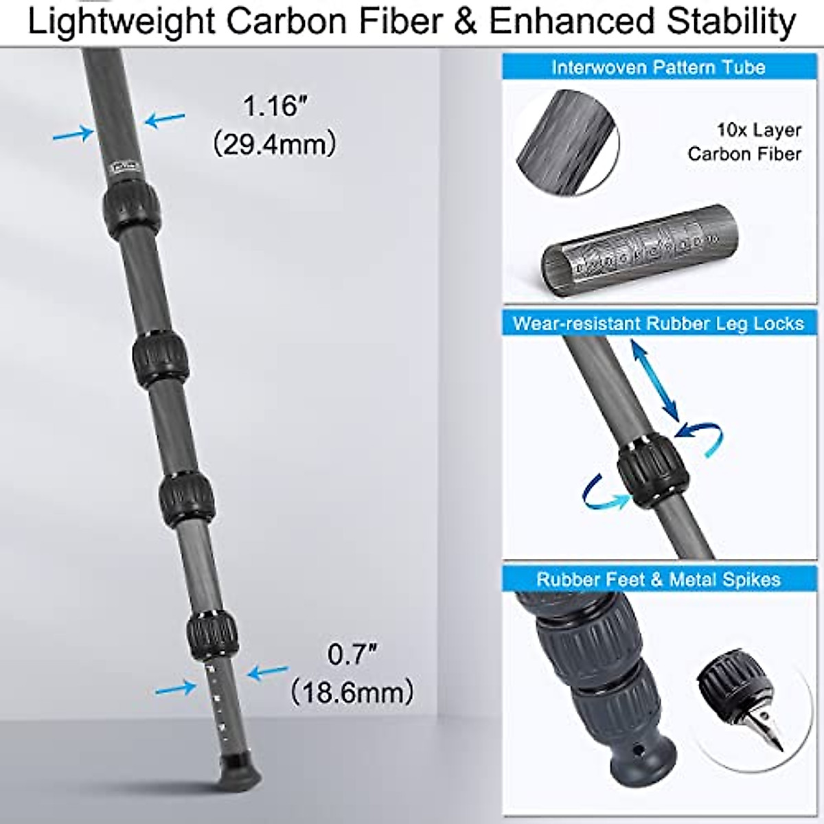 SIRUI AM-284 Travel Carbon Fiber Tripod, Professional Camera Tripod with 4-Section Legs, Twist Leg Locks, Detachable Metal Spikes, Loads up 33LB