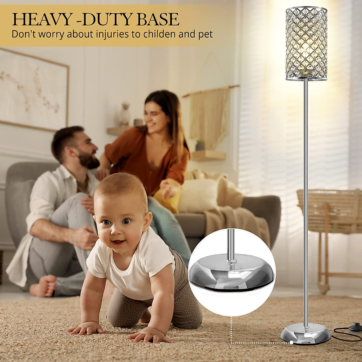 GyroVu Crystal Floor Lamp, Elegant Standing Lamp Modern Floor Lamp Silver Finish Tall Pole Lamp Accent Light with On/Off Foot Switch for Living Room, Girl Bedroom, Dresser, Office