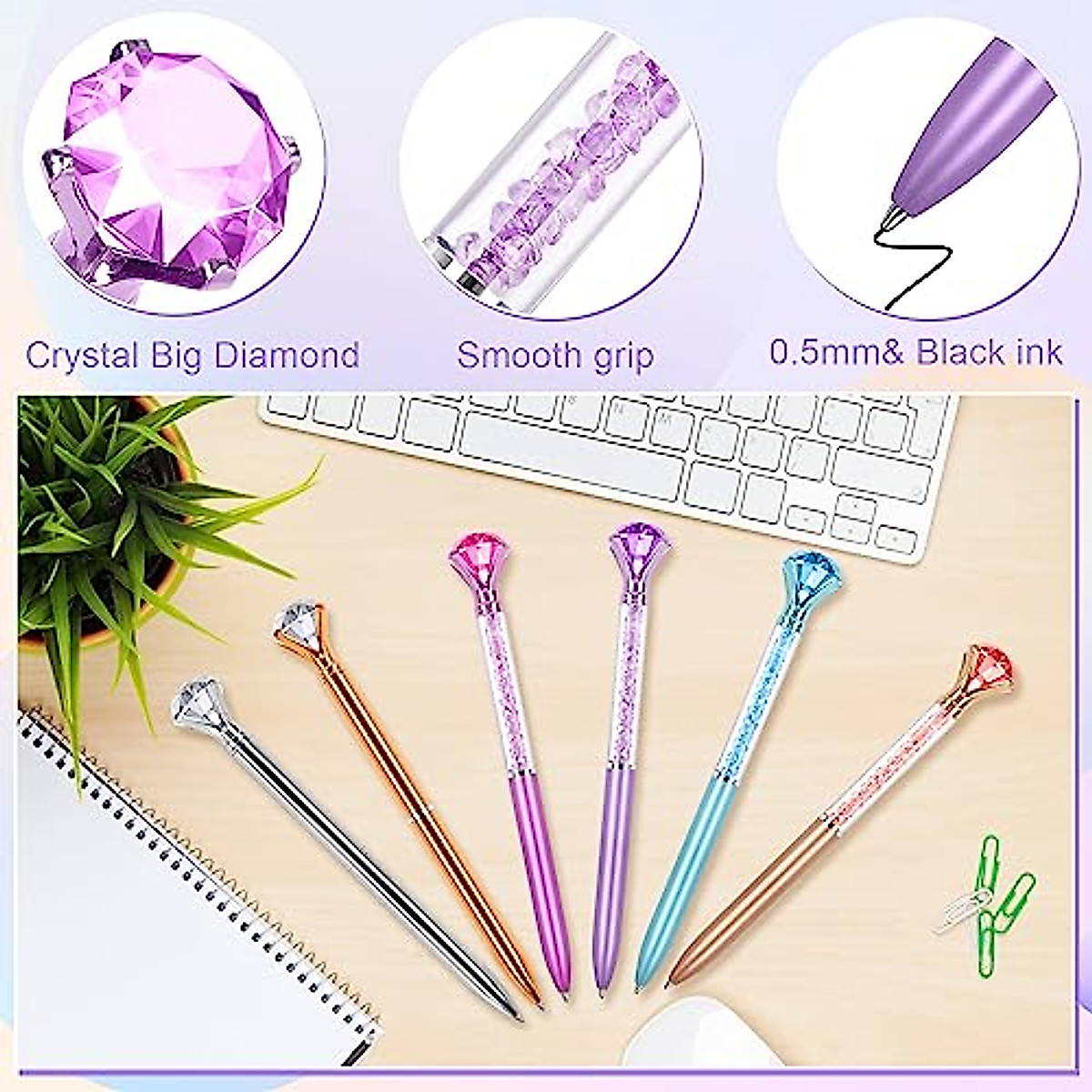 6 Pcs Diamond Pens with Crystal,Pens with Diamonds on Top, Diamond Pens Bulk including Black Ink Pen Refill, Diamond Top Pens for Office School Home