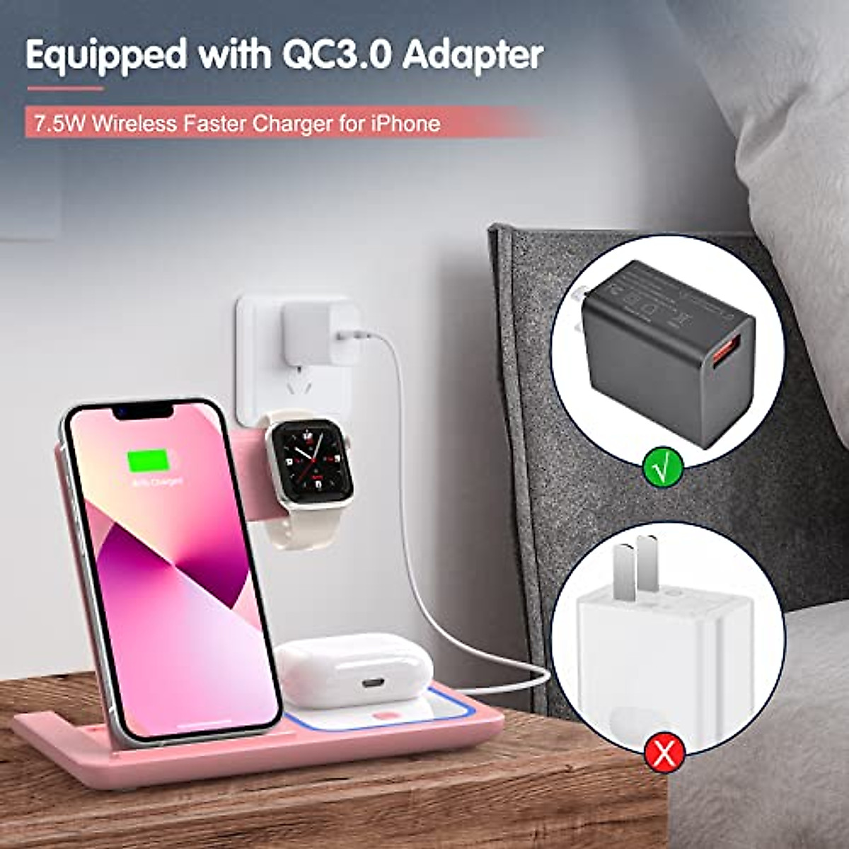 3 in 1 Charging Station for Apple Products, Fast Charging Wireless Charger for iPhone 14/13/12/11/Pro/XS/XR/X/SE/8/8 Plus, Charging Dock for Apple Watch 8/7/6/5/4/3/2/AirPods(with Adapter)