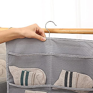 Dual Sided Wall Closet Hanging Organizer Storage with 5+10/12+18 Mesh Pockets for Underwear Bra Underpants Socks with Metal Hook Wardrobe Storage Bags Oxford Cloth Space Saver (Grey 5+10 2 Pack)