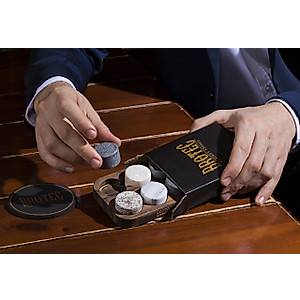 Whiskey Stones Gift Set - 6 Granite Round Beverage Chilling Drinking Stones Whiskey Rocks with 2 Extra Whisky Glasses Coasters - Premium Sipping Rocks in Elegant Wooden Storage Tray - Bar Accessories