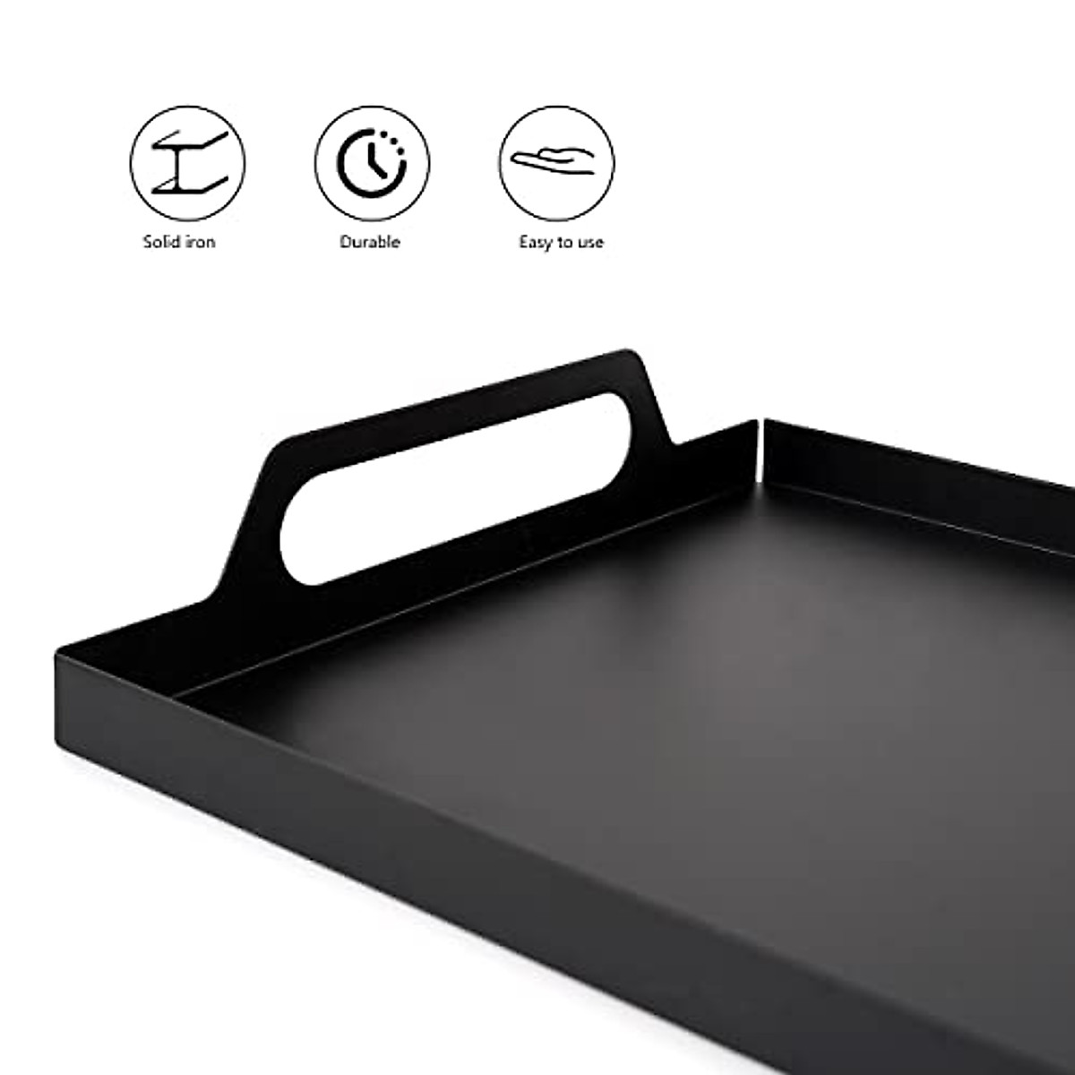 HORIAMIT Coffee Table Tray, Serving Tray Snack Tray Rectangle Black Metal Tray with Handles 16.7x9.5 inches, Vanity Tray Bathroom Organizer Kitchen Tray for Counter