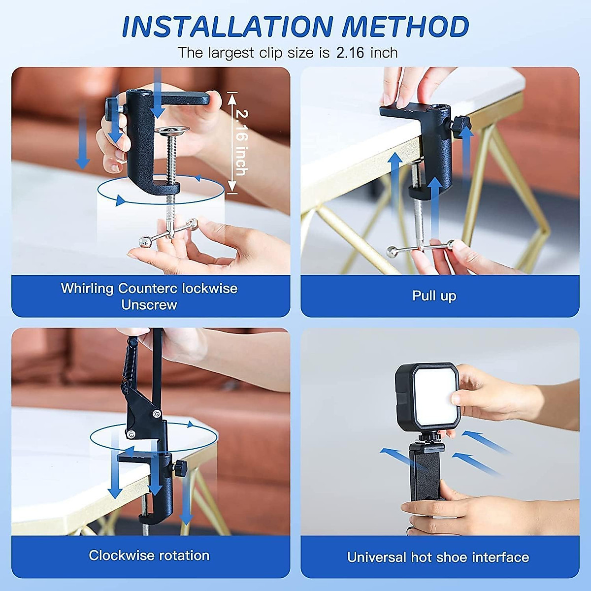 Overhead Phone Mount, Articulating Arm Cell Phone Holder with LED Light, Flexible Phone Stand for Live Streaming, Video Recording, Painting Lighting, Cooking