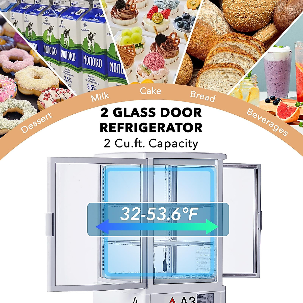 Takywep Commercial Refrigerator Display Case 2 Cu.FT, Two Glass Door Display Refrigerator Display Fridge, Countertop/Floor Refrigerator with LED Lighting, Adjustable Shelves, Double-Layered Glass