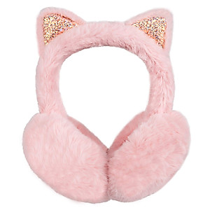 Surblue Foldable Cat Ear Earmuffs Winter Warm Outdoor Ear Covers Headband Fur Ear Warmer, Pink