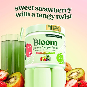 Bloom Nutrition Greens and Superfoods Powder for Digestive Health, Greens Powder, Digestive Enzymes, Probiotics, Spirulina, Chlorella for Bloating & Gut Support, Green Juice, 30 SVG, Strawberry Kiwi