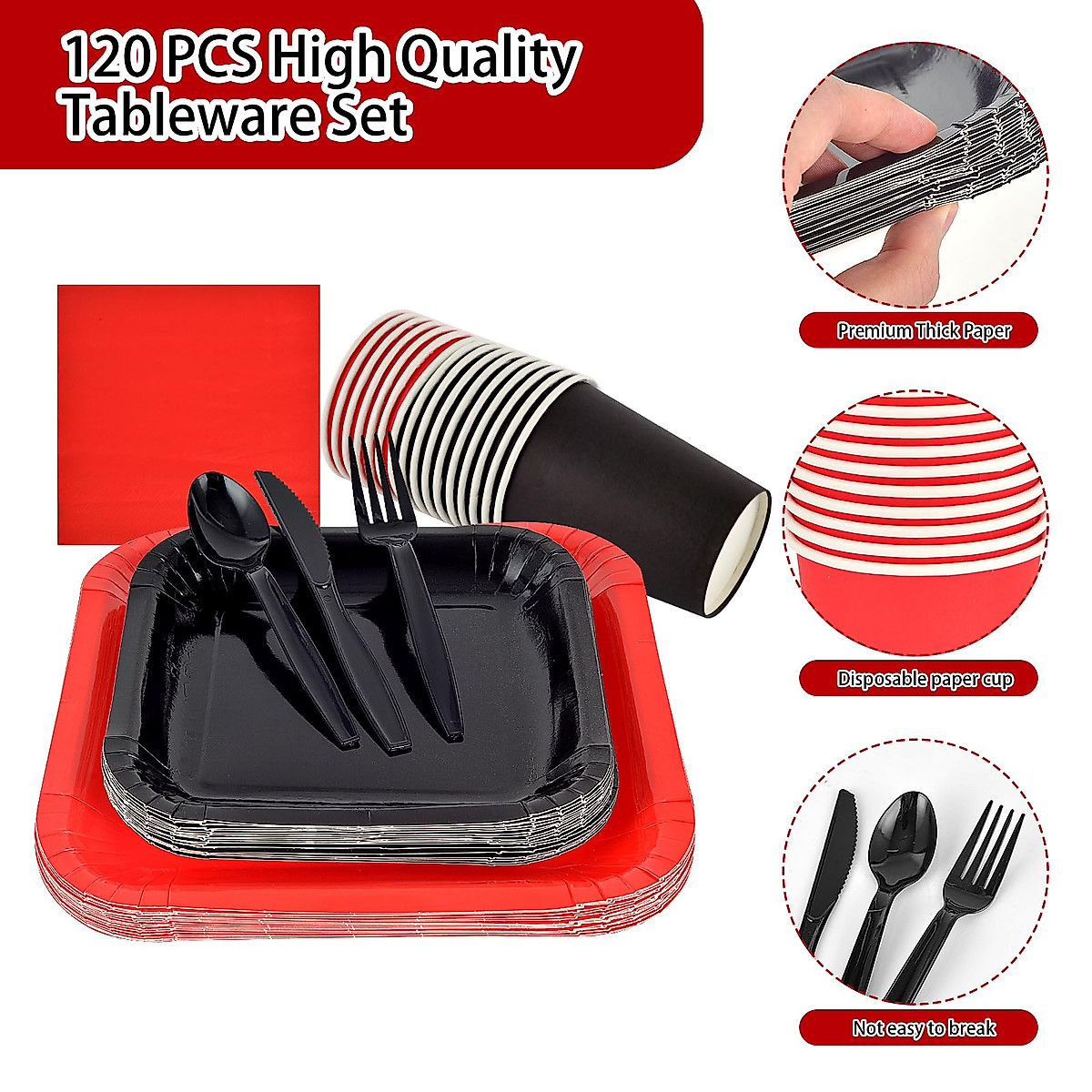120 Pieces Red and Black Paper Plates and Napkins Party Decorations Supplies Square Red and Black Dinnerware Paper Plates Cups and Utensils Set for 2023 Congrats Grad Wedding Birthday Parities