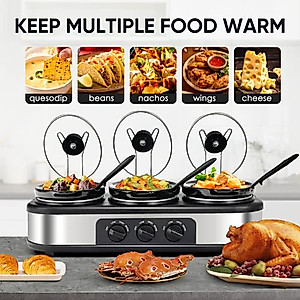 Triple Slow Cooker with Lid Rests, Breakfast Buffet Servers and Warmers with 3 X 1.5Qt, Tempered glass lids & 3 Adjustable Temp, Dishwasher Safe, Stainless Steel