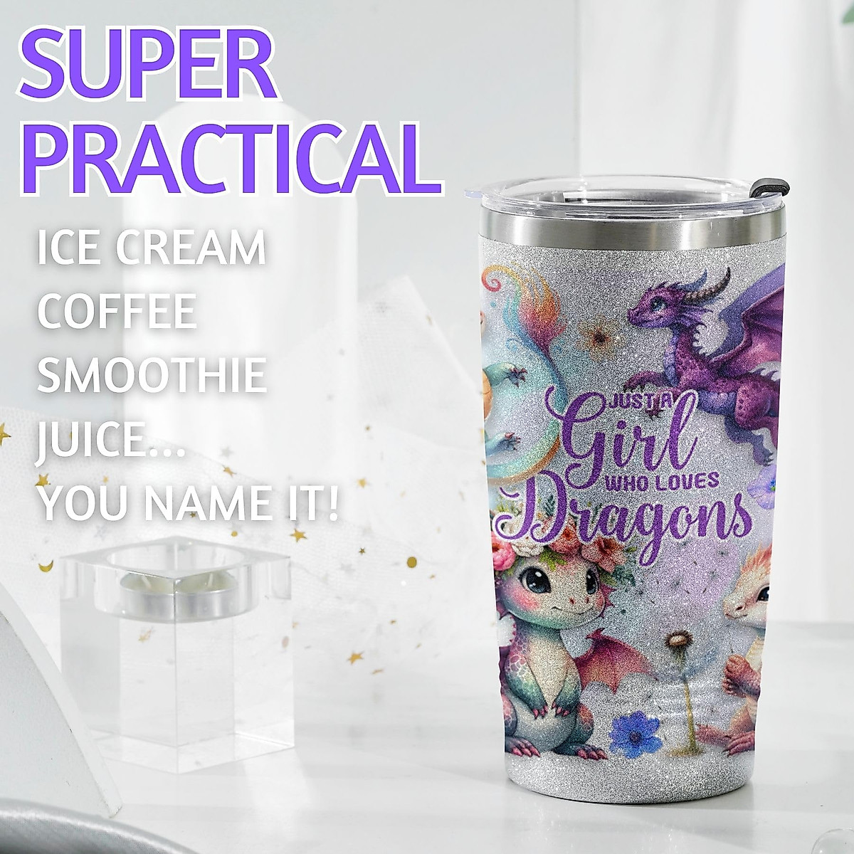 Onebttl Dragon Gifts for Girls, Dragon Coffee Travel Mug for Dragon Lovers, Women, Daughter - Just A Girl Who Loves Dragons - Stainless Steel 20Oz Tumbler, Glitter