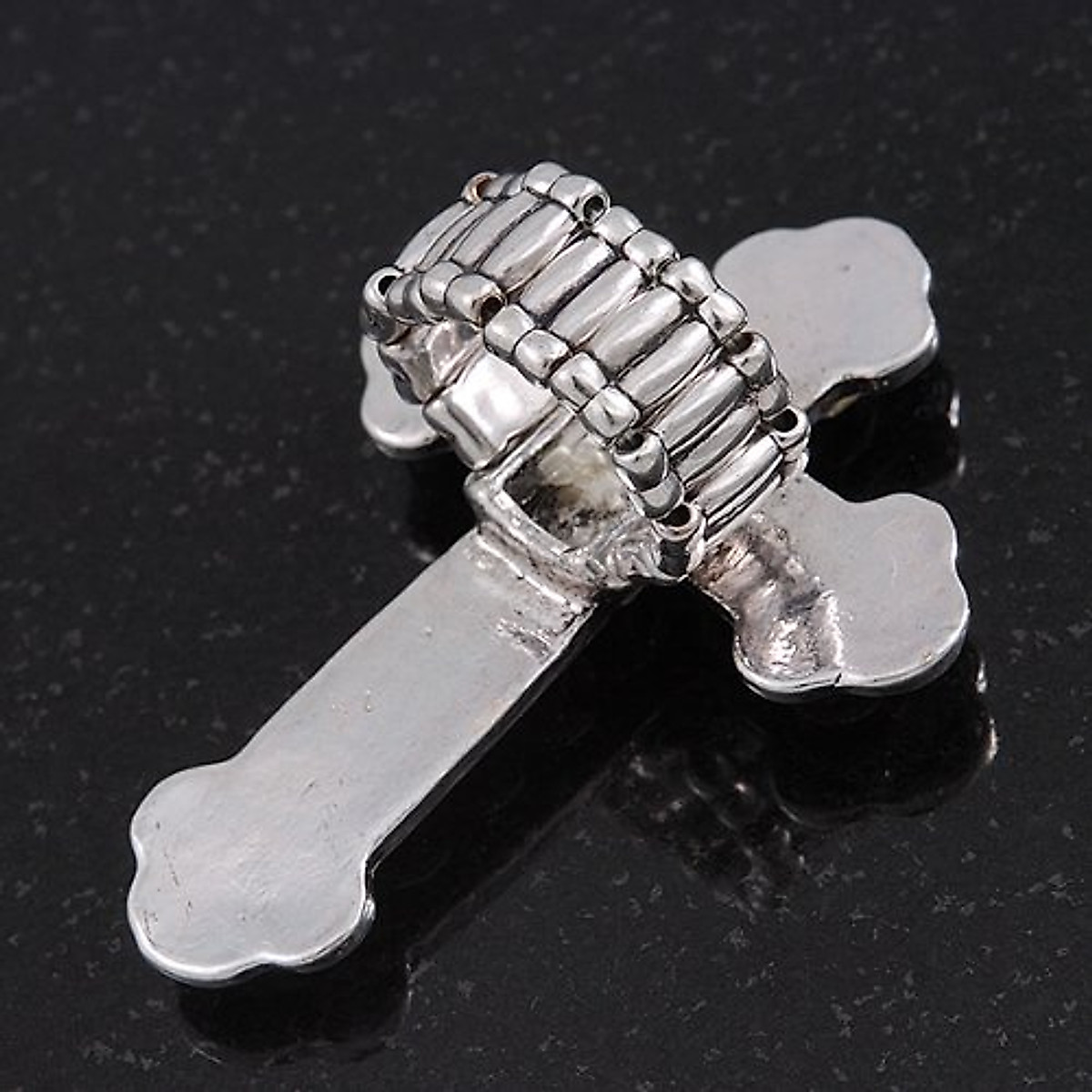 Avalaya 'Fleur de Lis' Crystal Set Statement Cross Stretch Ring In Vintage Silver Finish - 6cm Length - Adjustable size 7/8