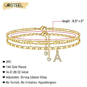 Ursteel Ankle Bracelets for Women, A Initial Anklet 14K Gold Plated Dainty Adjustable Layered Chain CZ Letter A Initial Anklets Set Summer Jewelry Gifts Anklets for Women